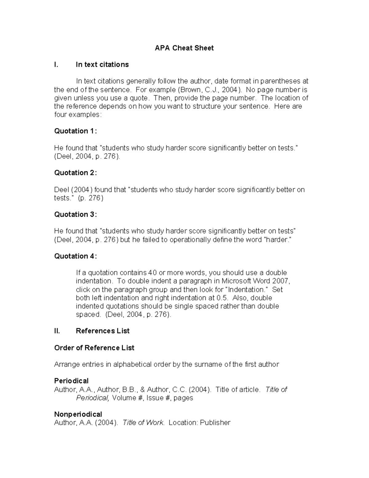 APA Cheat Sheet - In text citations In text citations generally follow ...