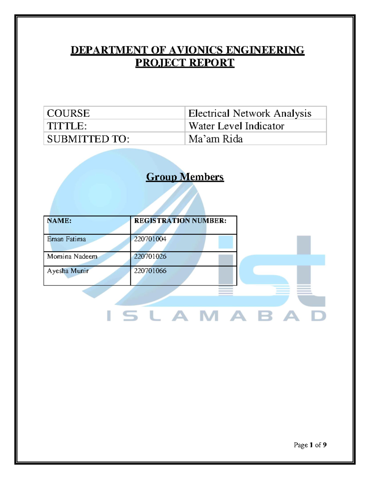 Water level indicator report - DEPARTMENT OF AVIONICS ENGINEERING ...