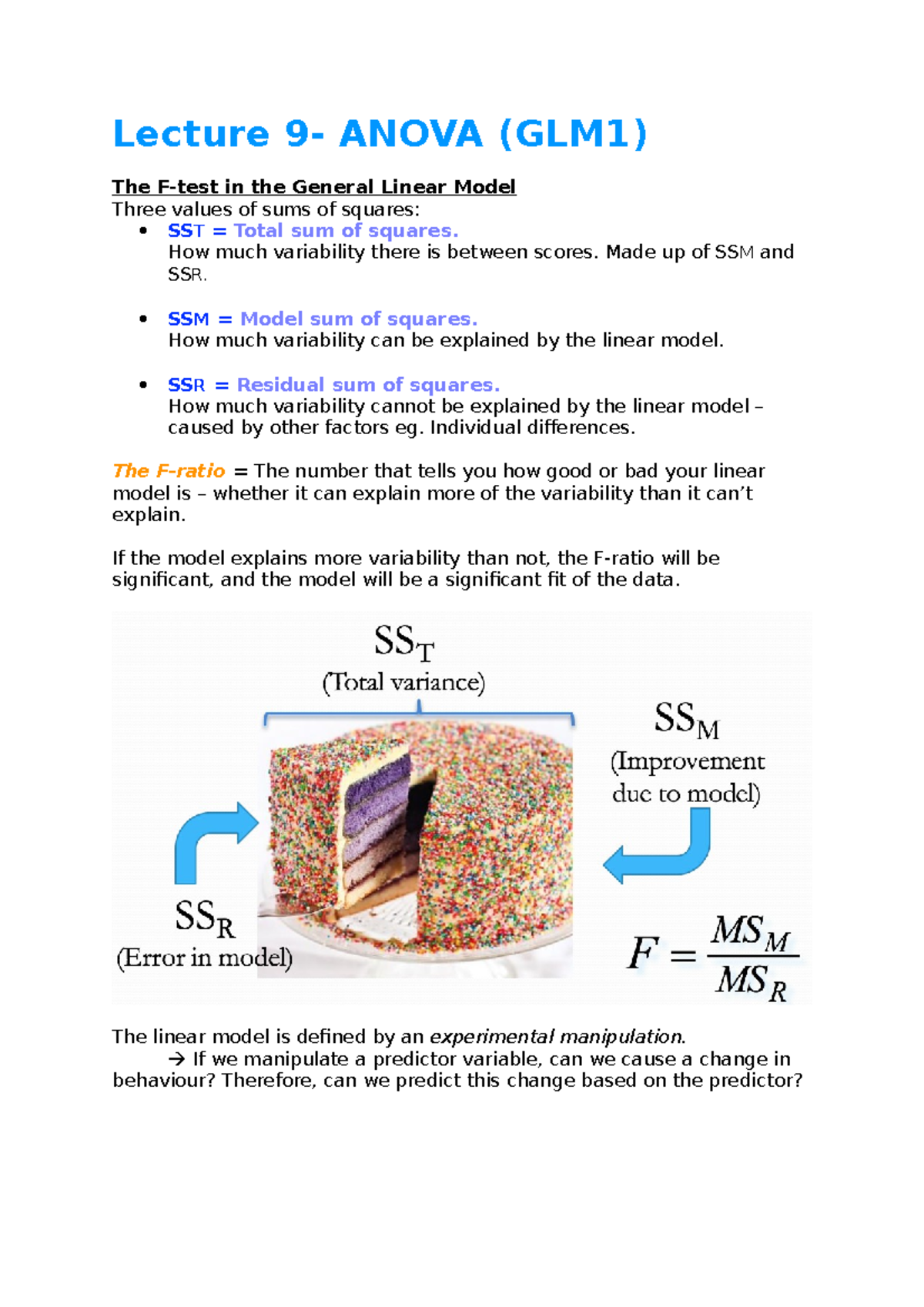 Lecture 9- Anova (GLM1) - Lecture 9- ANOVA (GLM1) The F-test in the ...