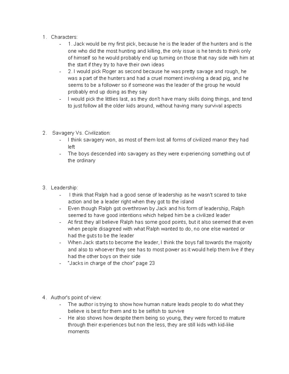 English Lord of the flies fishbowl notes - Characters: Jack would be my ...