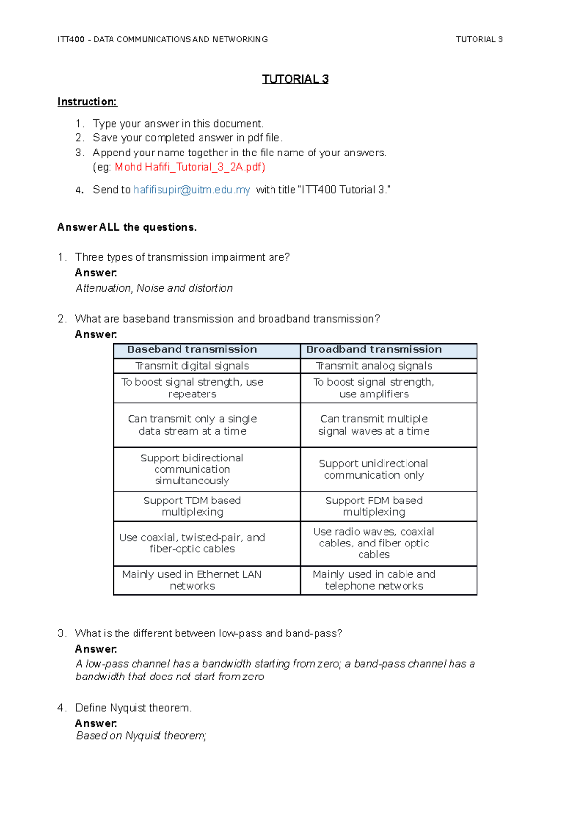 ITT400 - Tutorial 3 Solution - ITT400 – DATA COMMUNICATIONS AND ... ITT400 - Tutorial 3 Solution - ITT400 – DATA COMMUNICATIONS AND ...