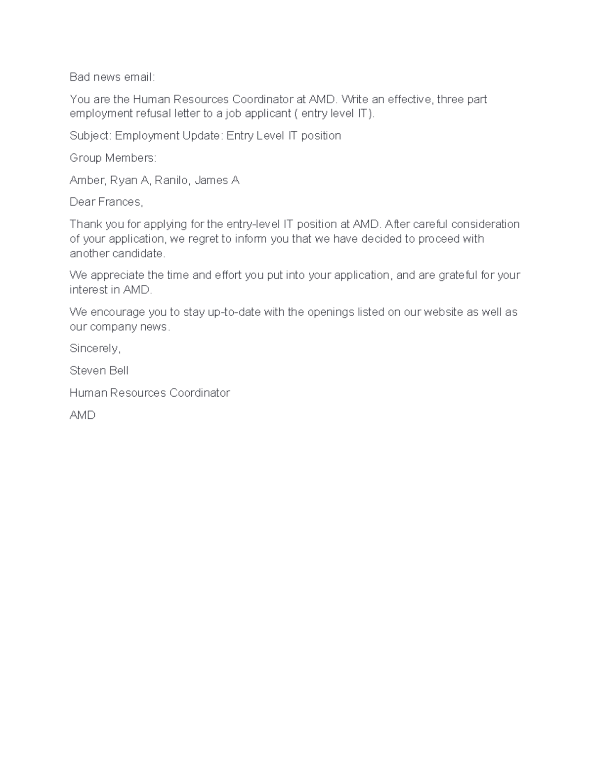 Bad news email - assignment - Bad news email: You are the Human ...