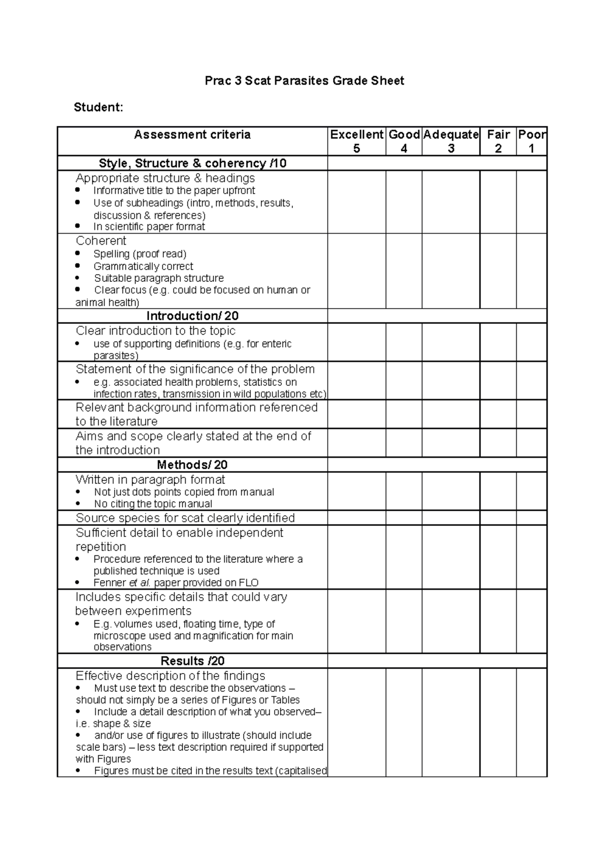 Prac 3 Scat Parasites Grade Sheet final - BIOL2712 - Flinders - Studocu