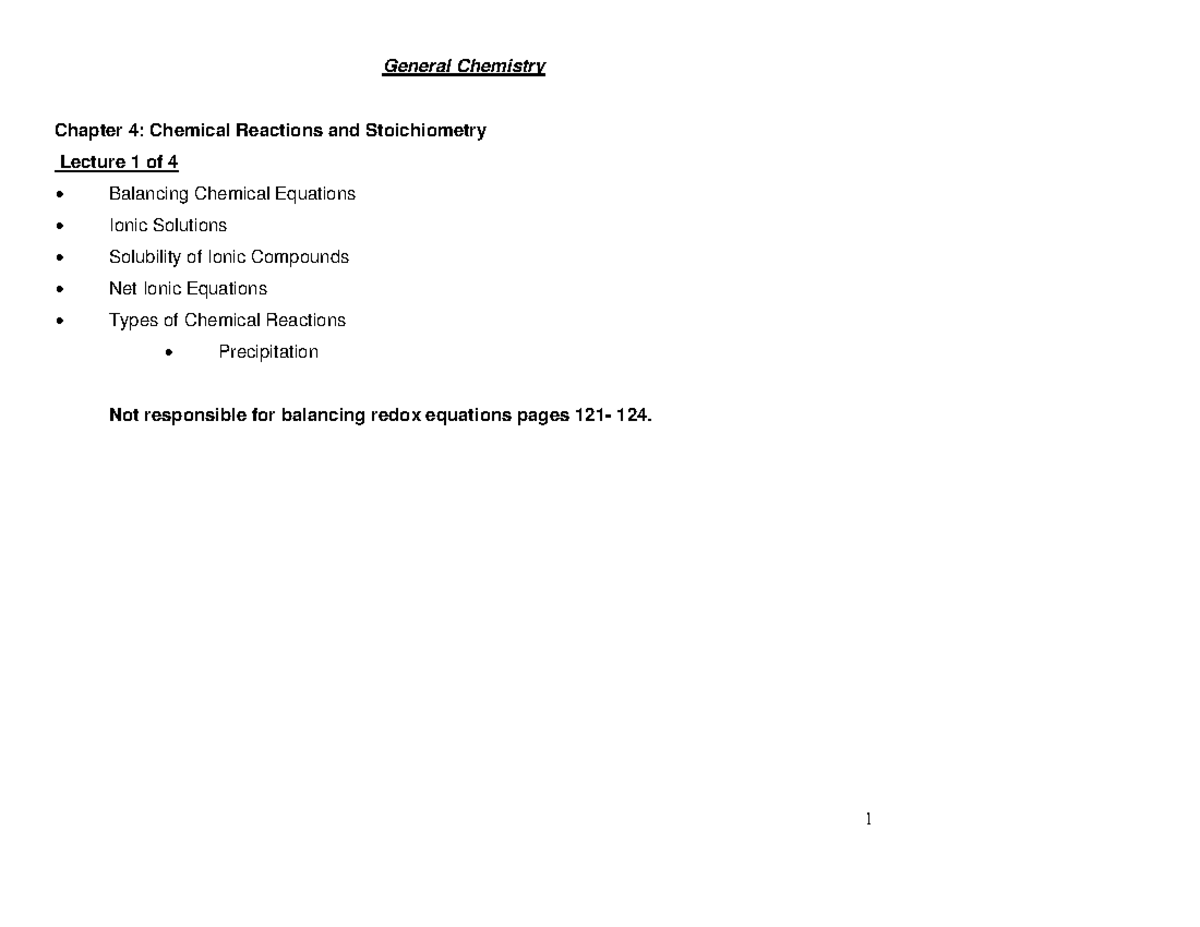 CH4-1 - Lecture notes 1 - General Chemistry Chapter 4: Chemical ...