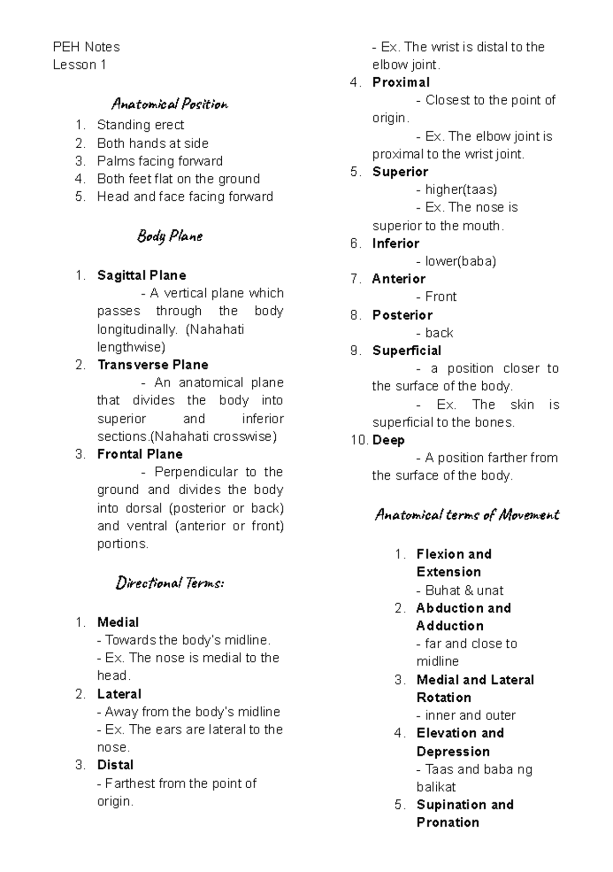 PE Notes - Physical Education Movements - PEH Notes Lesson 1 Anaca Poso ...