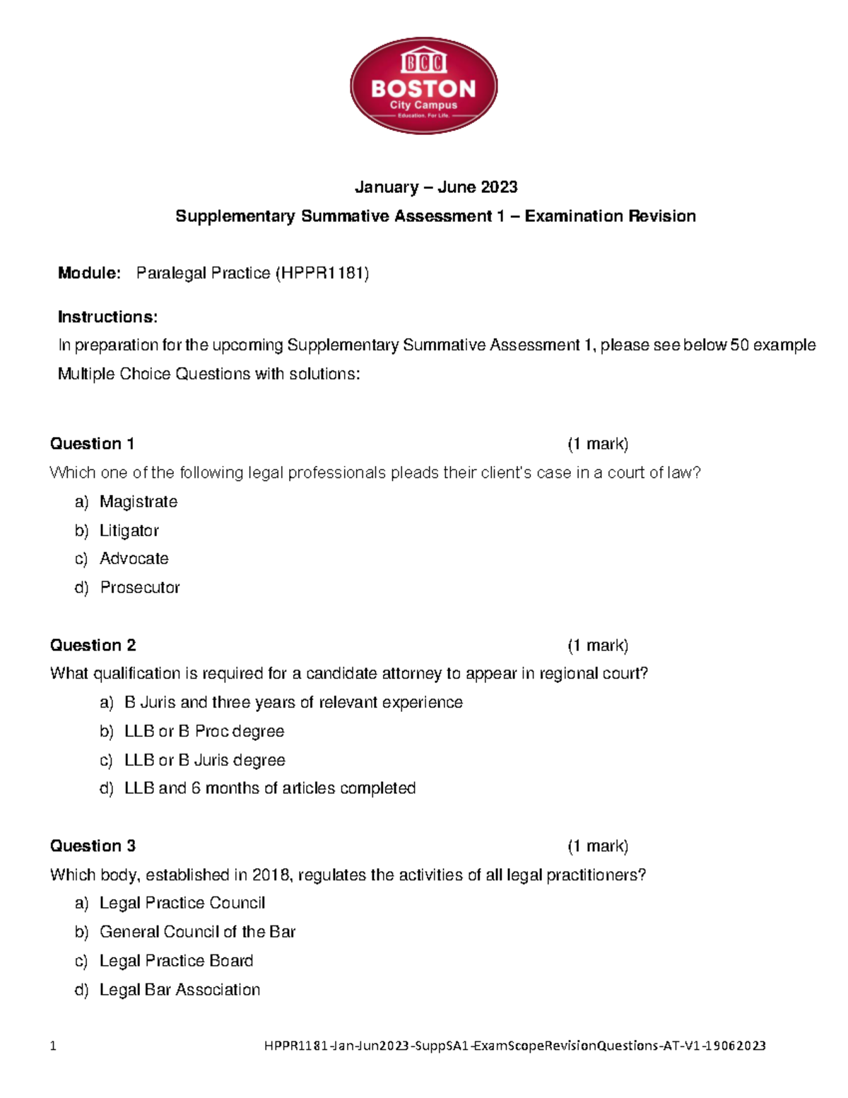 HPPR1181 Jan Jun2023 Supp SA 1 Exam Scope Revision Questions AT V1 ...
