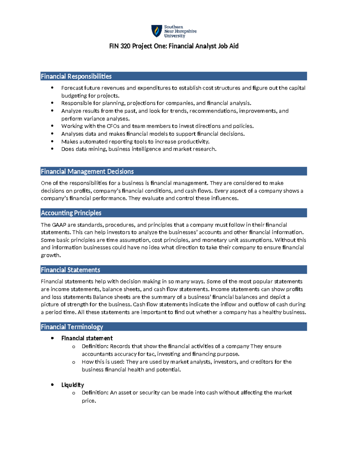 FIN 320 Project One Financial Analyst Job Aid - Responsible for ...