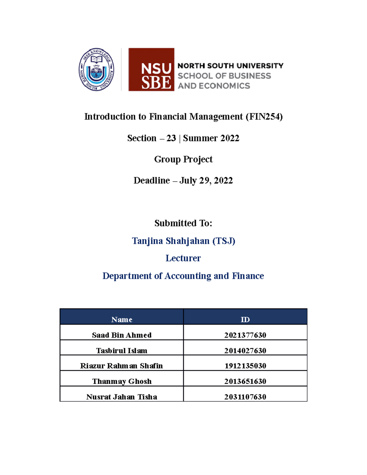 Group Project (FIN254) - Introduction to Financial Management (FIN254 ...