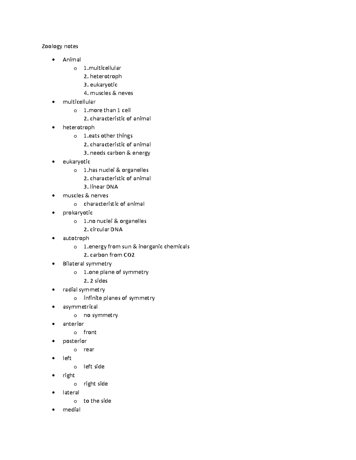 Zoology notes 01 - Zoology notes Animal o 1 2. heterotroph 3 ...