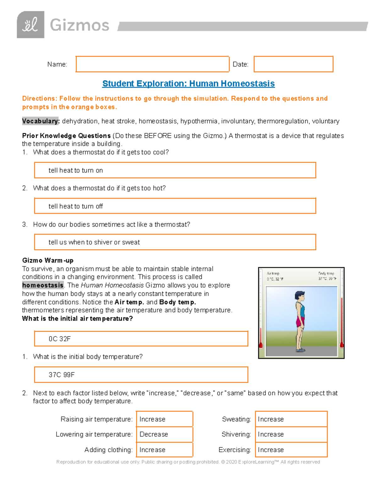 Human Homeostasis - Name: Date: Student Exploration: Human Homeostasis ...