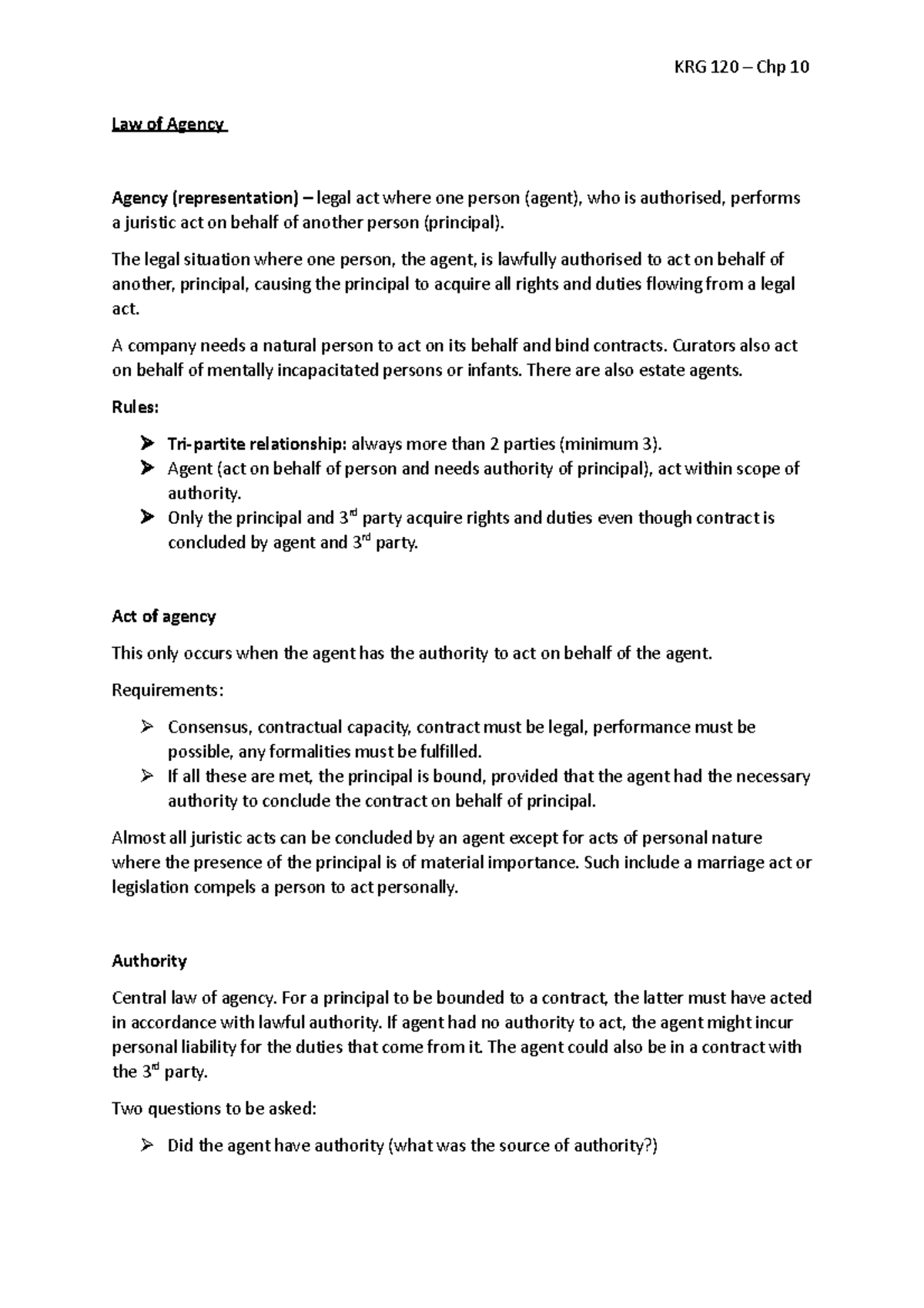 Chp 10 - Law of Agency Agency (representation) – legal act where one ...