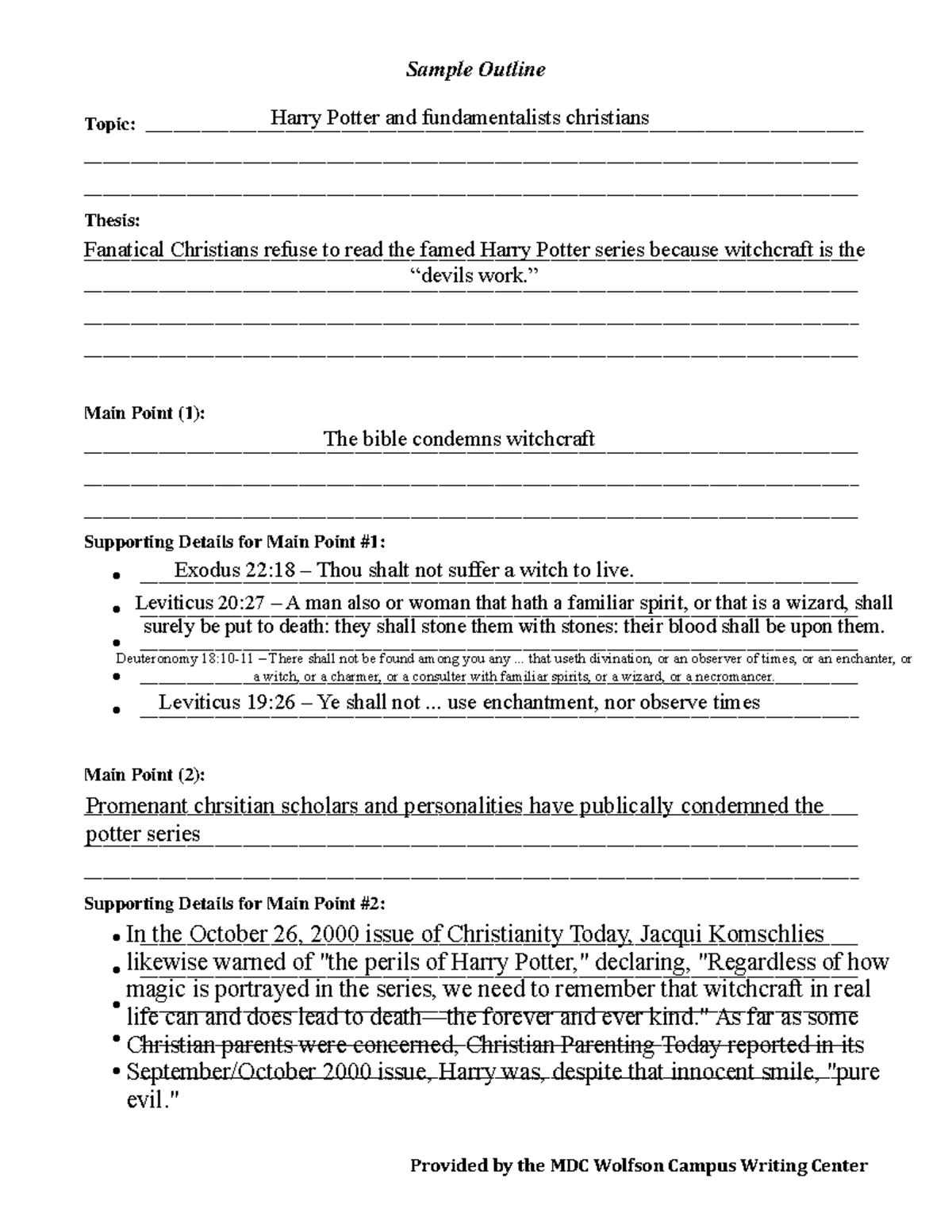 Essay Outline Handout by MDC - WWC - Sample Outline Provided by the MDC ...