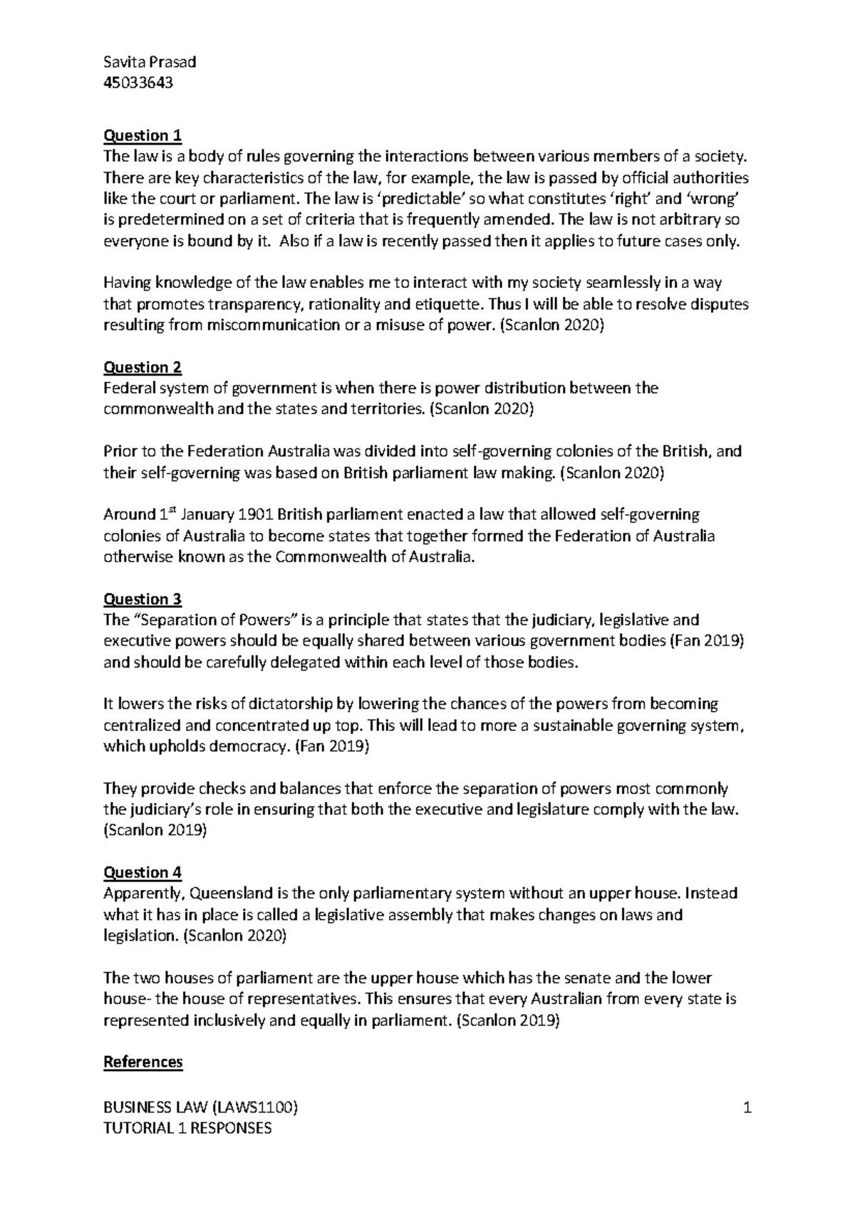 Prasad Savita Tutorial 1 Exercise - Savita Prasad 45033643 BUSINESS LAW ...