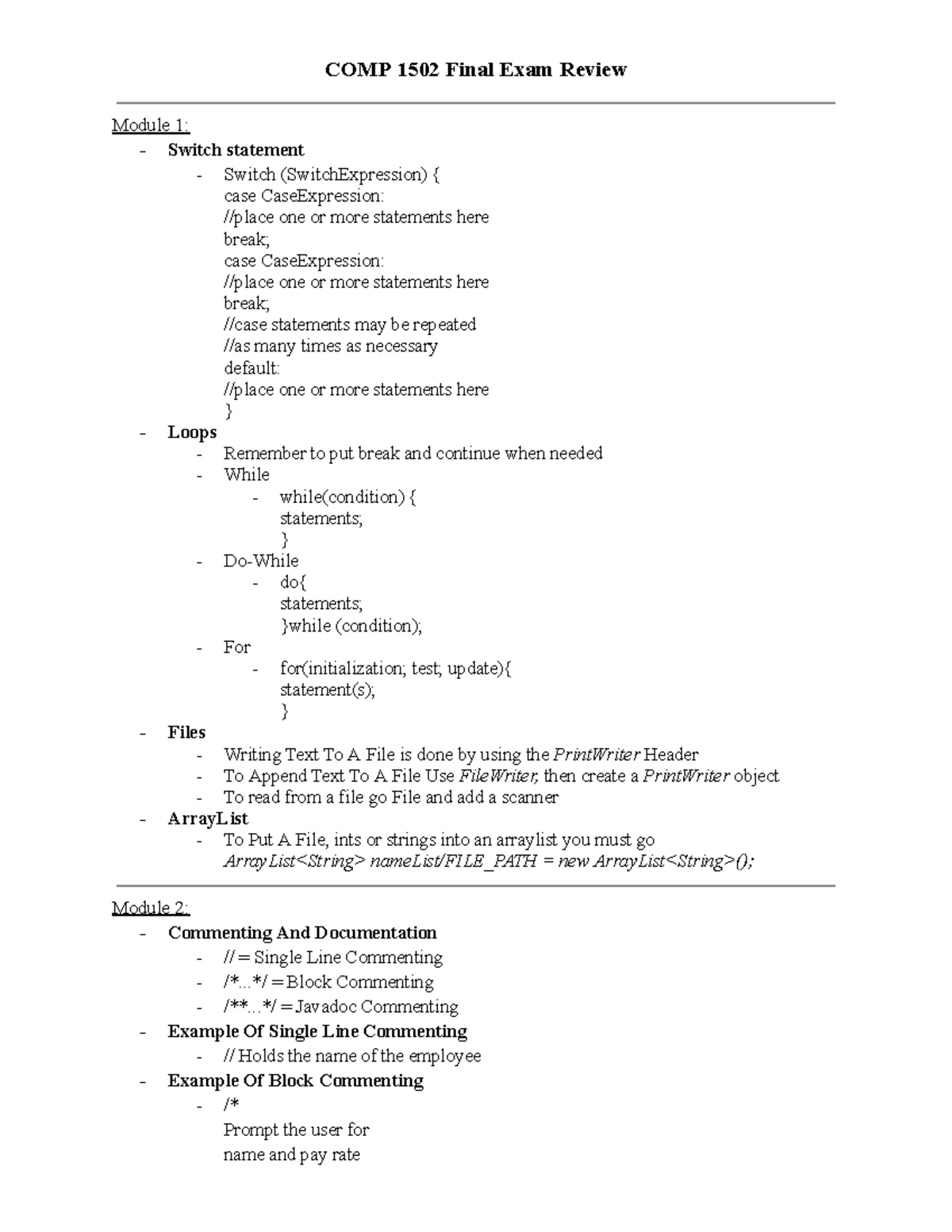 Final Exam Review Notes - COMP 1502 Final Exam Review Module 1 ...
