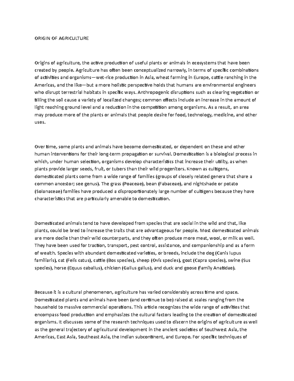 Origin OF Agriculture - ORIGIN OF AGRICULTURE Origins of agriculture ...