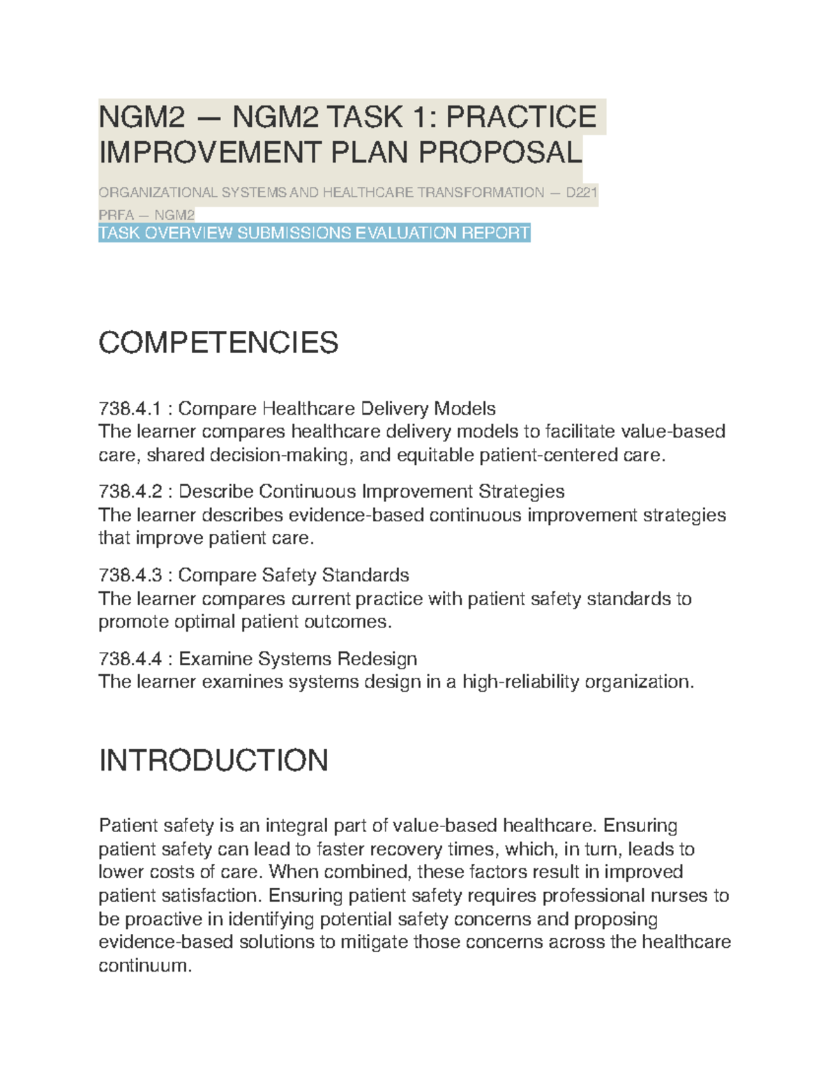 D221 Rubric - NGM2 — NGM2 TASK 1: PRACTICE IMPROVEMENT PLAN PROPOSAL ORGANIZATIONAL SYSTEMS AND ...