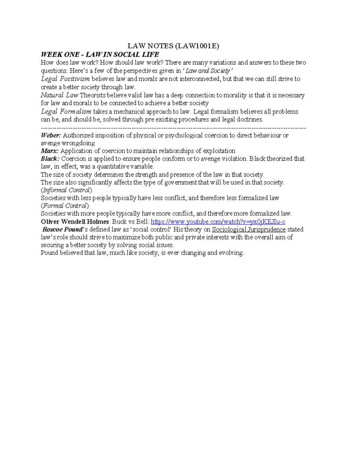 LAW Notes - Gavin - LAW NOTES (LAW1001E) WEEK ONE - LAW IN SOCIAL LIFE ...