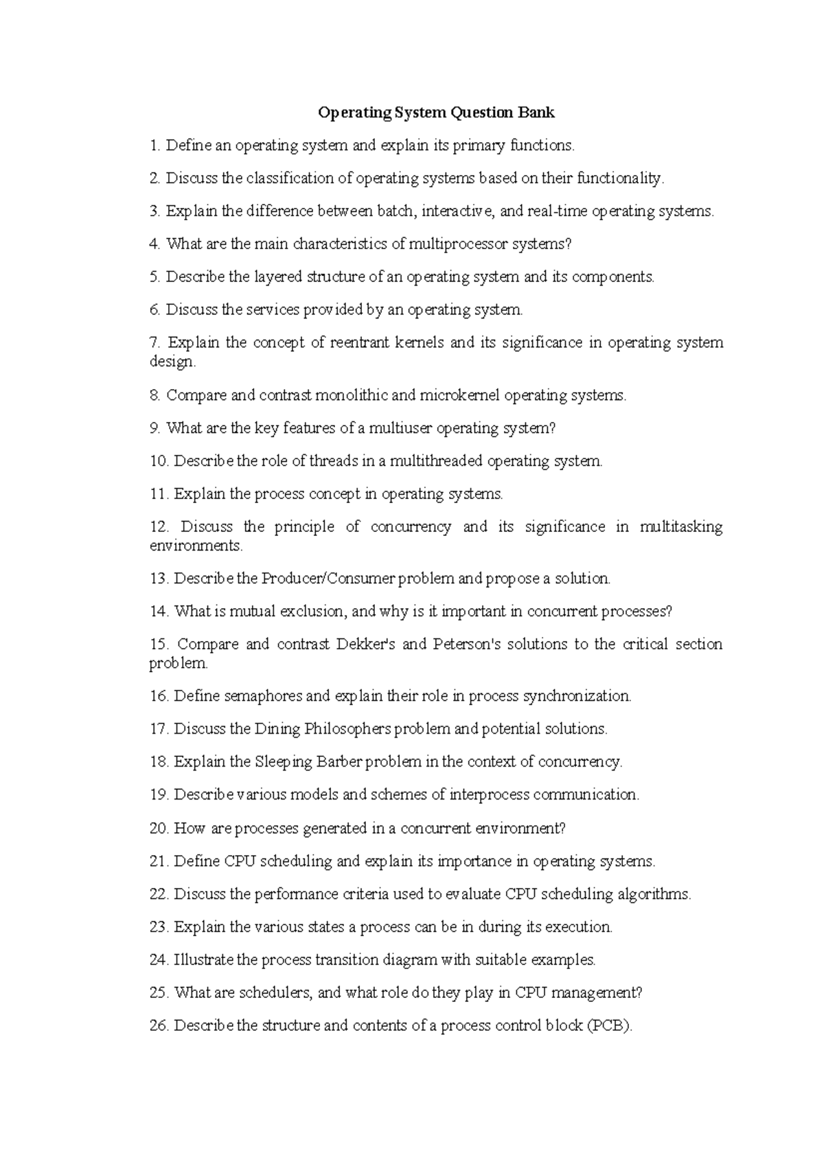 Question bank s - Operating System Question Bank Define an operating system and explain its ...