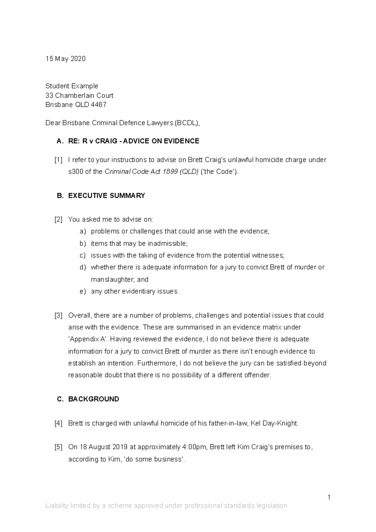 2020 Advice on Evidence Exemplar Assignment Example 3 - 15 May 2020 ...