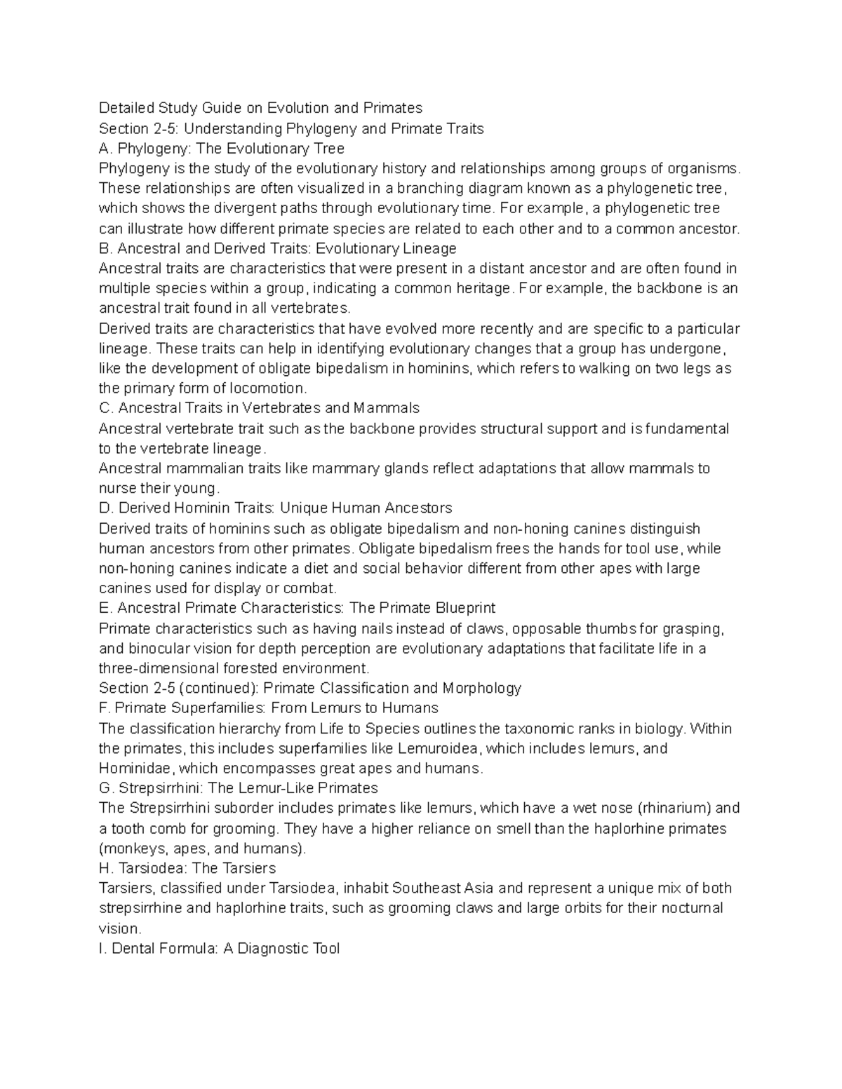 Detailed Study Guide on Evolution and Primates - Phylogeny: The ...