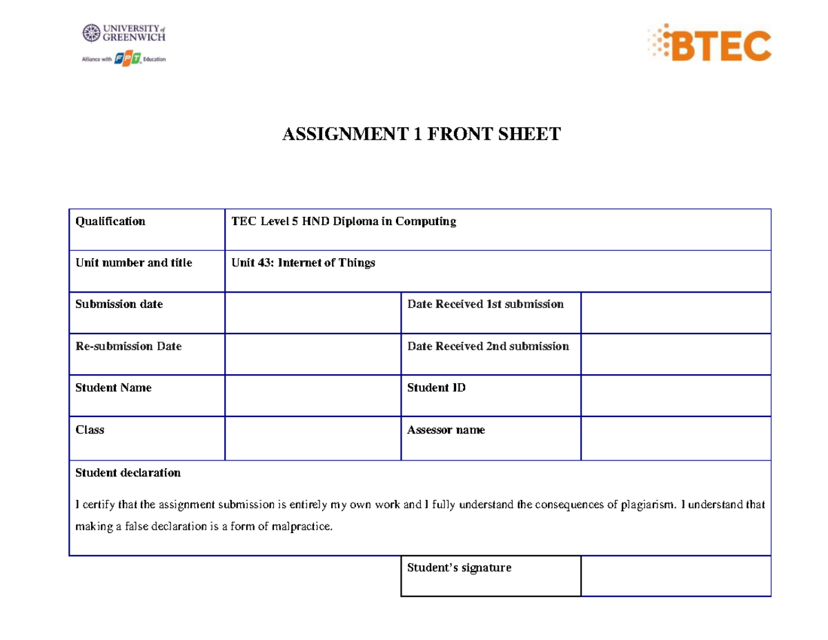 Assignment 1 Io T Nguy n V n Hi u - ASSIGNMENT 1 FRONT SHEET Qualification TEC Level 5 HND ...