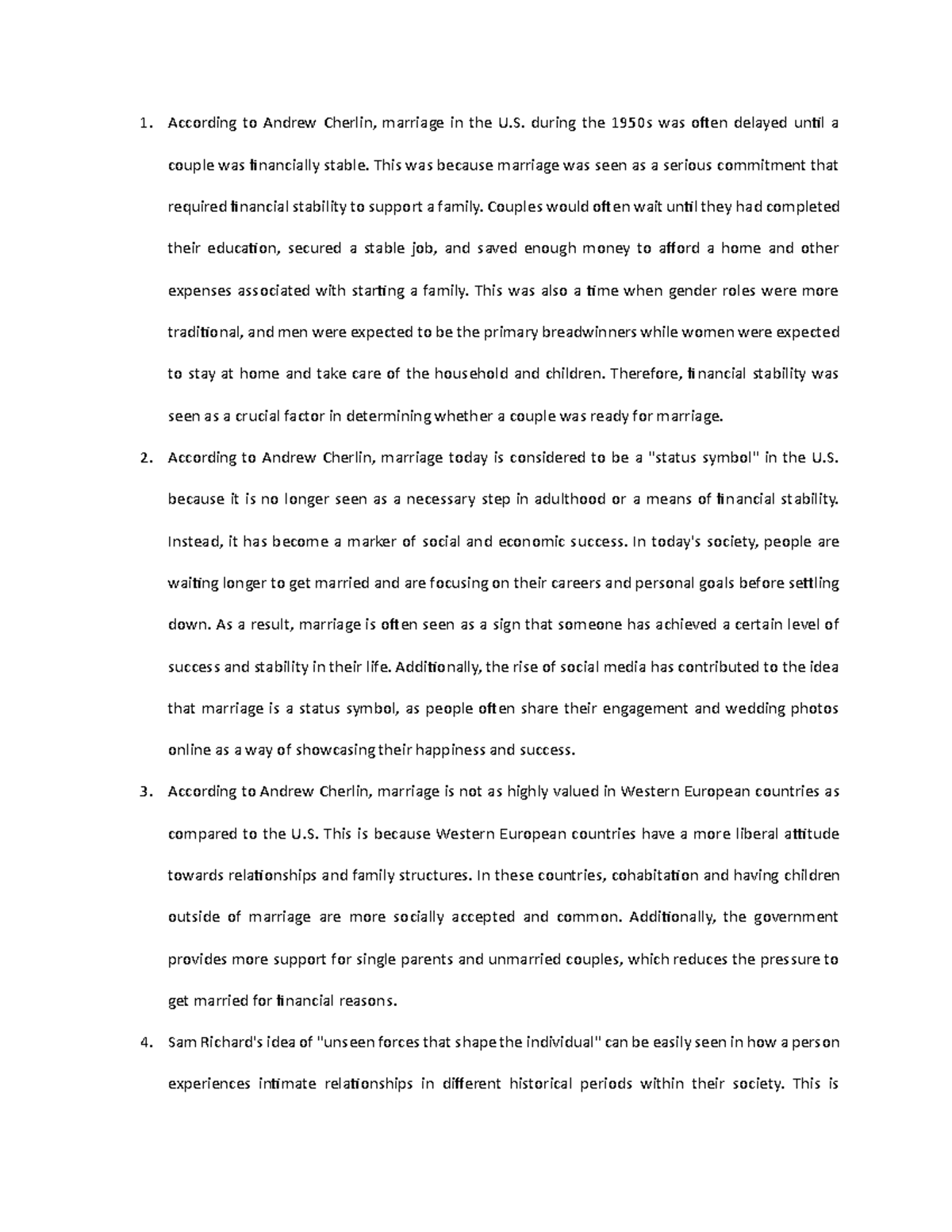 Soc 101 week 15 essay - According to Andrew Cherlin, marriage in the U ...