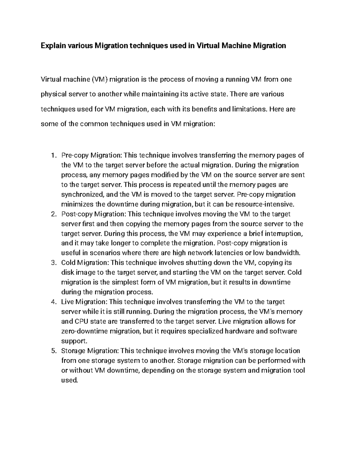 Explain various Migration techniques used in Virtual Machine Migration ...