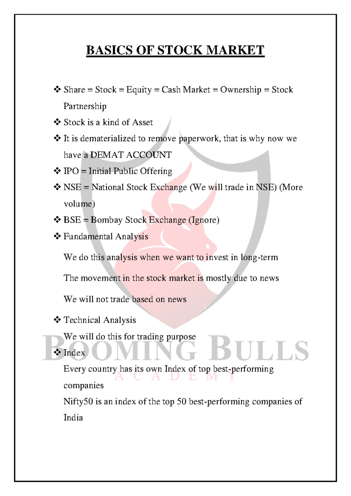 Basics OF Stock Market - BASICS OF STOCK MARKET Share = Stock = Equity ...