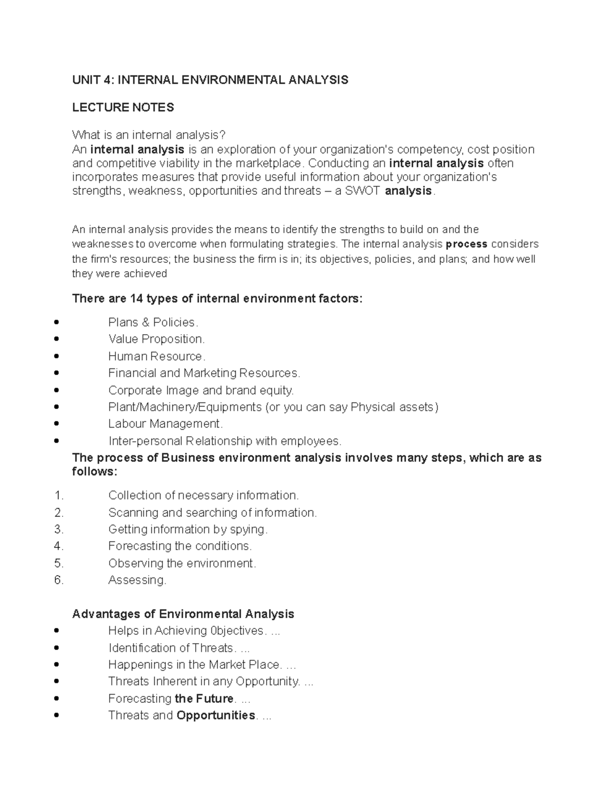 UNIT 4- Lecture Notes - UNIT 4: INTERNAL ENVIRONMENTAL ANALYSIS LECTURE ...