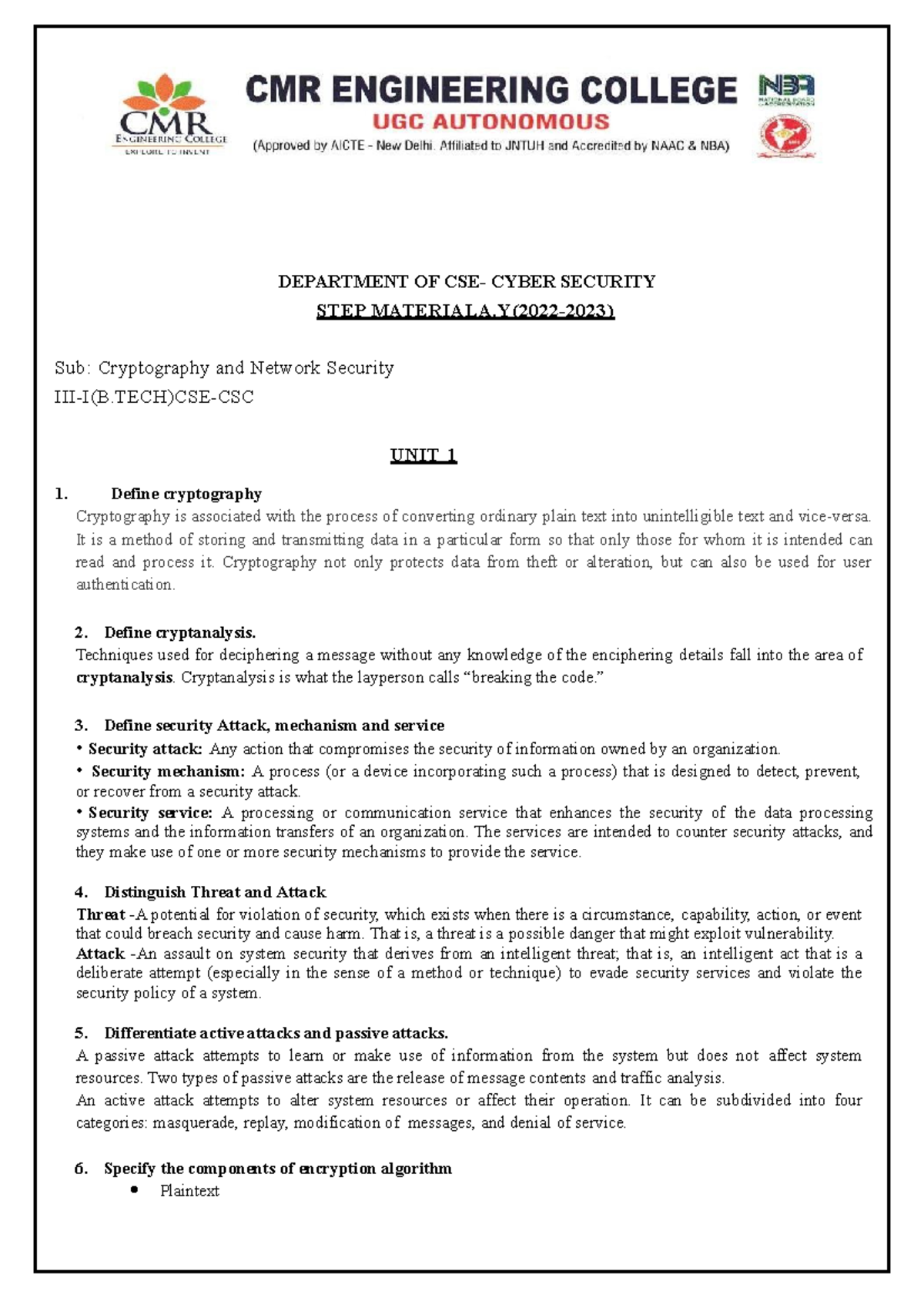STEP Material OF CNS 2022-2023(III-I)B.TECH Cmrec - DEPARTMENT OF CSE- CYBER SECURITY STEP - Studocu