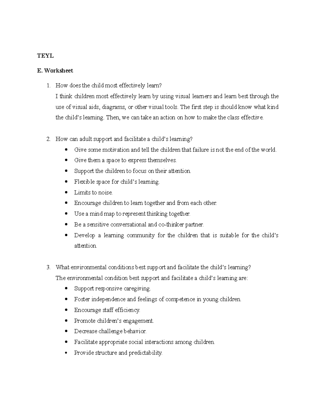 TEYL 4 - Practice - TEYL E. Worksheet How does the child most ...