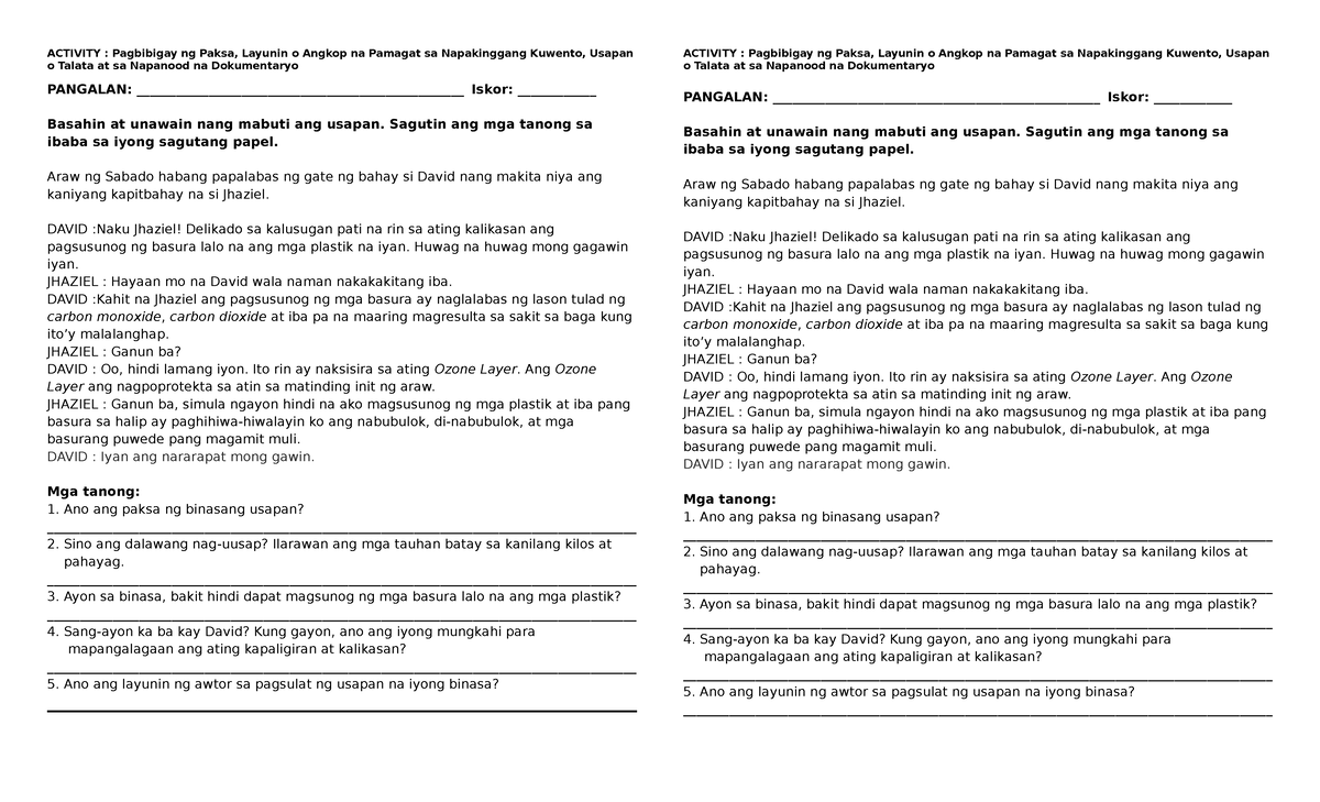 Activity- Filipino - NOTES - ACTIVITY : Pagbibigay ng Paksa, Layunin o ...