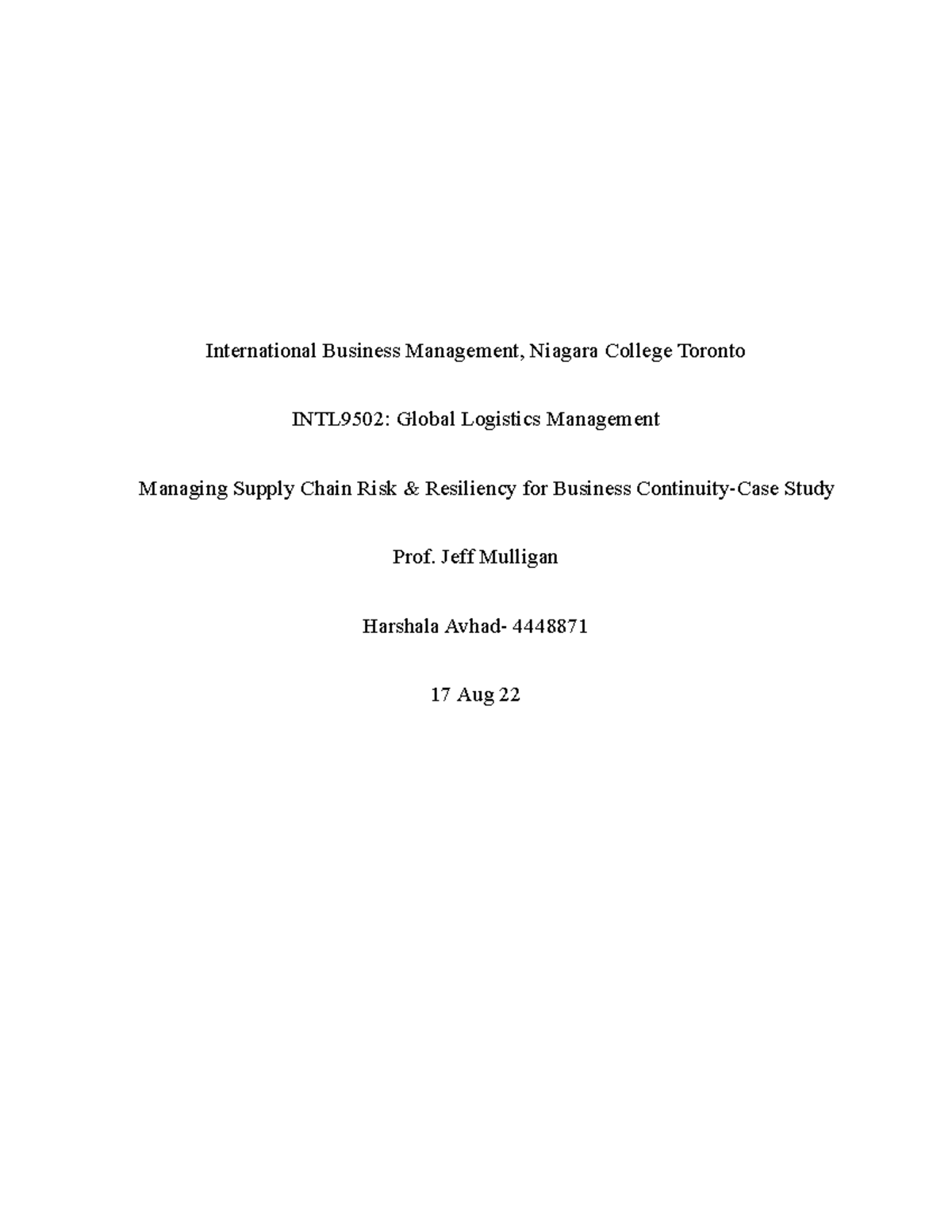 Logistics- Final Essay - International Business Management, Niagara ...