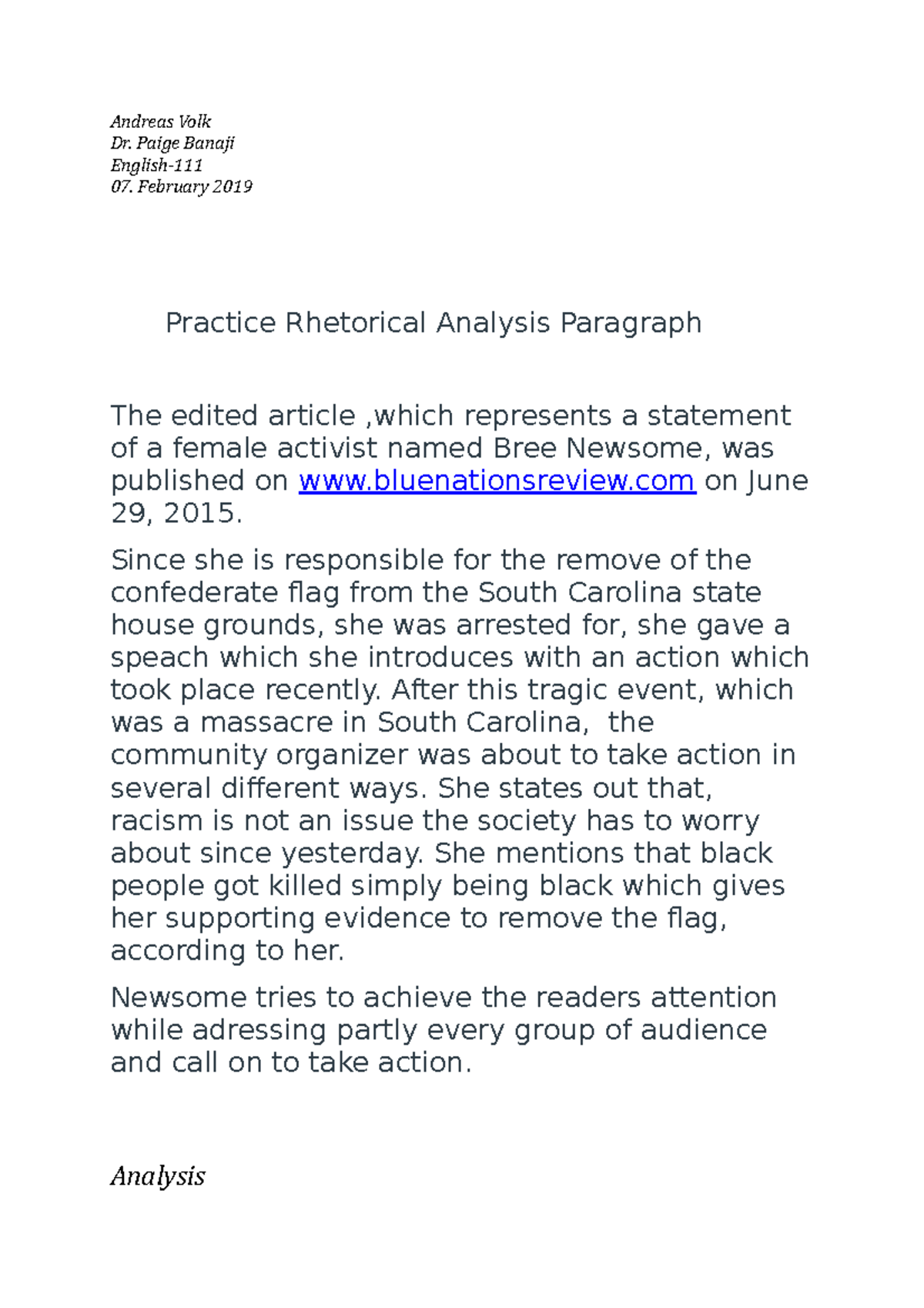 Practice Rhetorical Analysis Paragraph - Andreas Volk Dr. Paige Banaji ...