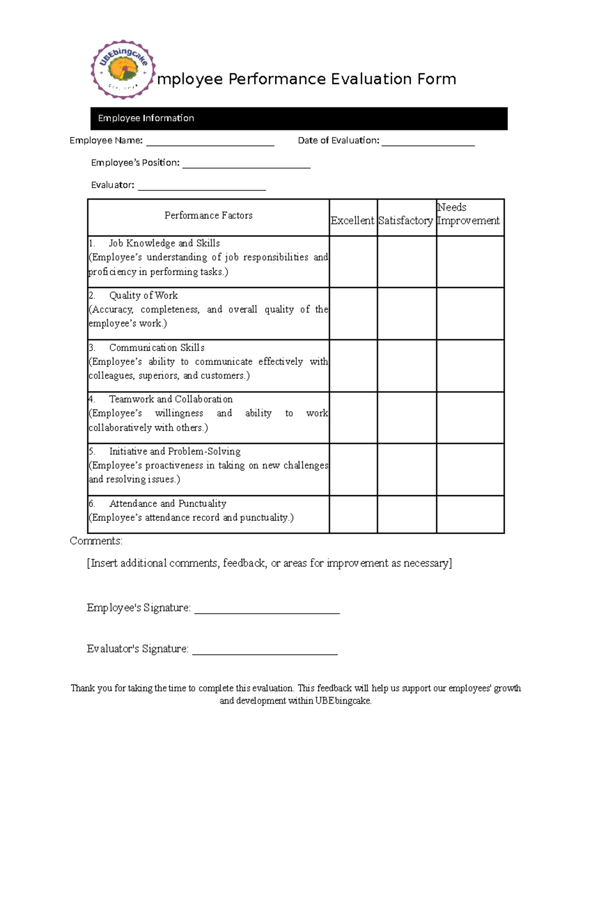 Employee Performance Evaluation Form 2 - Employee Performance Evaluation Form Employee Name ...