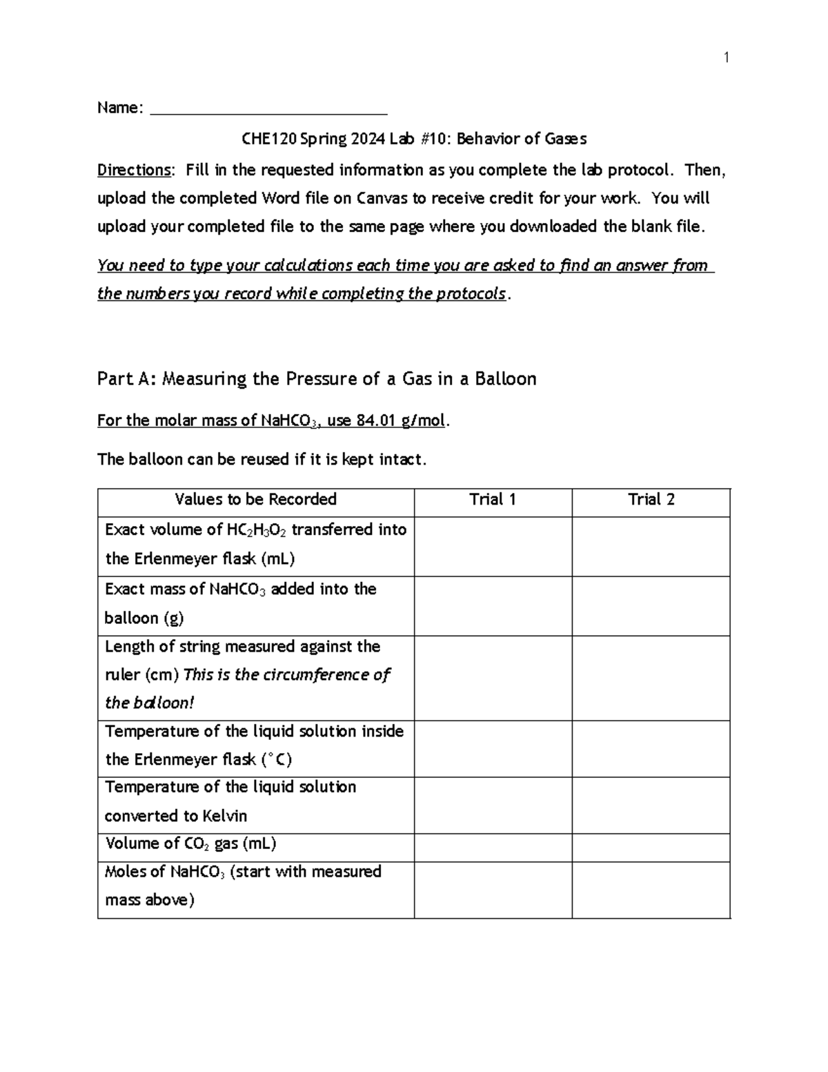 CHE120-Spring 2024 Online Lab10 Behavior of Gases Data Table - 1 Name