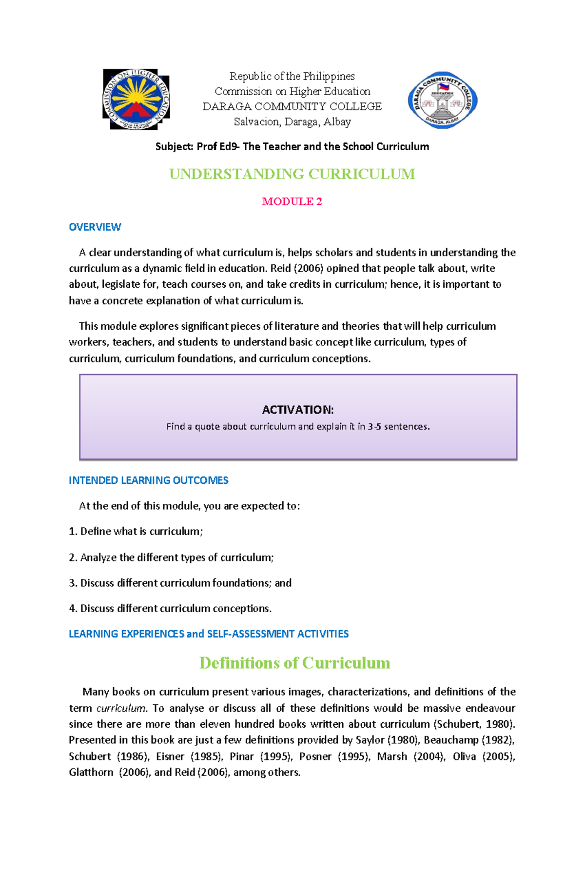 The Teacher and the School Curriculum - Republic of the Philippines ...