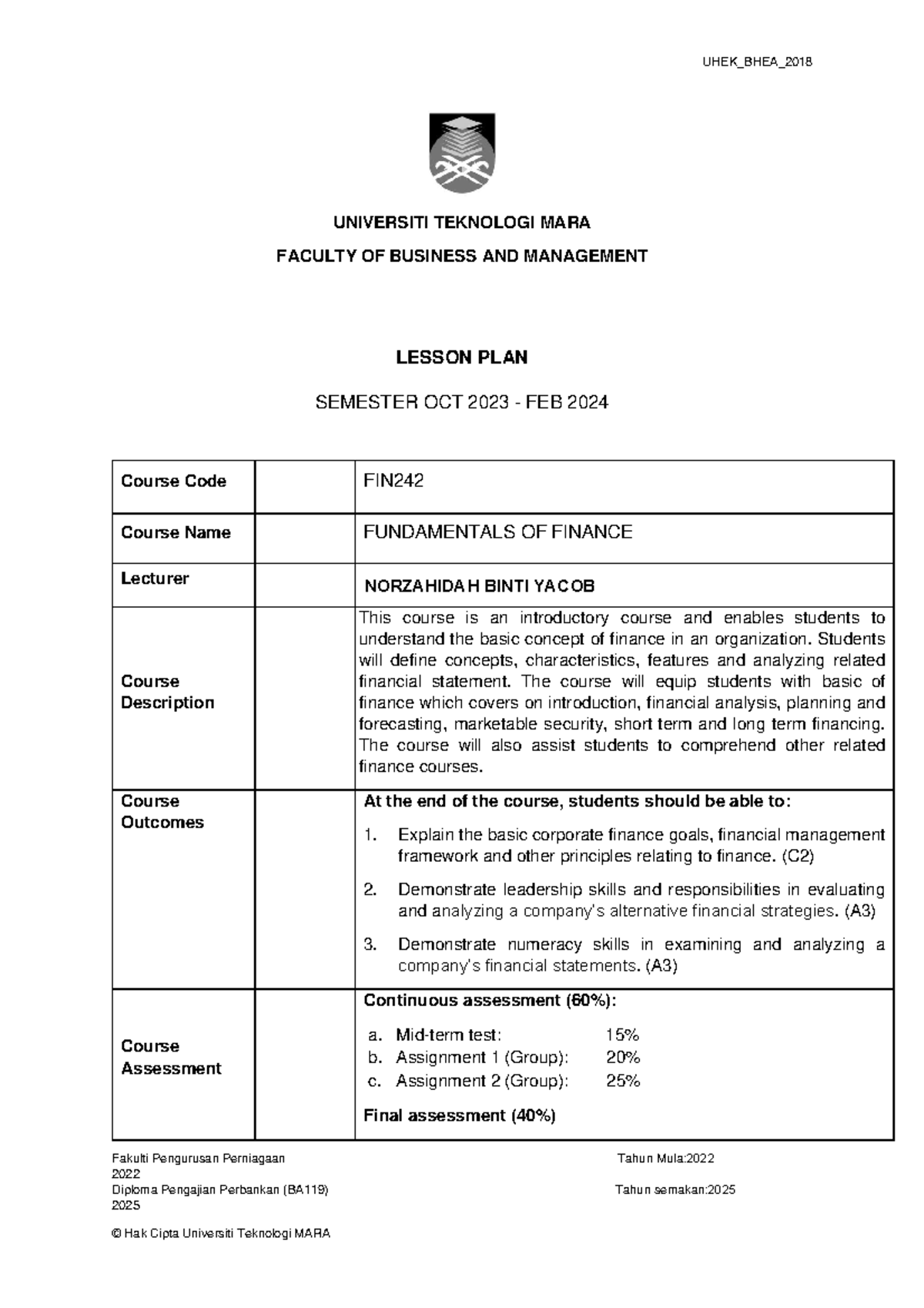 FIN242 Lesson PLAN SC - lecturer notes - Fakulti Pengurusan Perniagaan ...