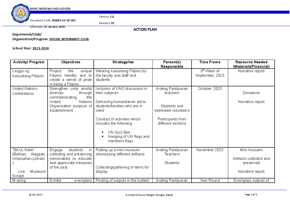 Action-plan - action plan of the Araling Panlipunan - Document Code ...
