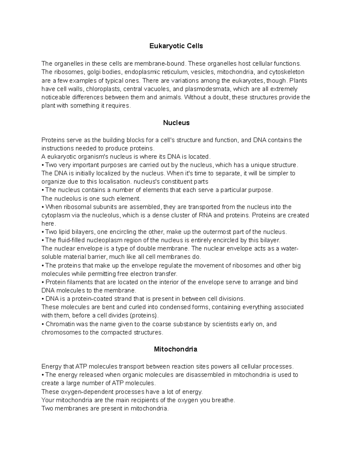 Structure and Function of Cells Notes pt 2 - Eukaryotic Cells The ...