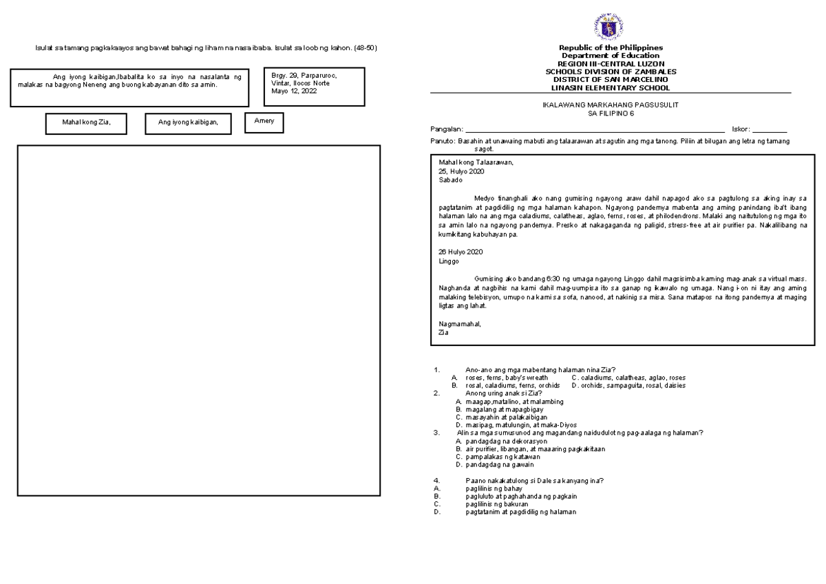2nd QA G6 Fil - 2nd Quarter Assessment on the Subject Filipino for ...