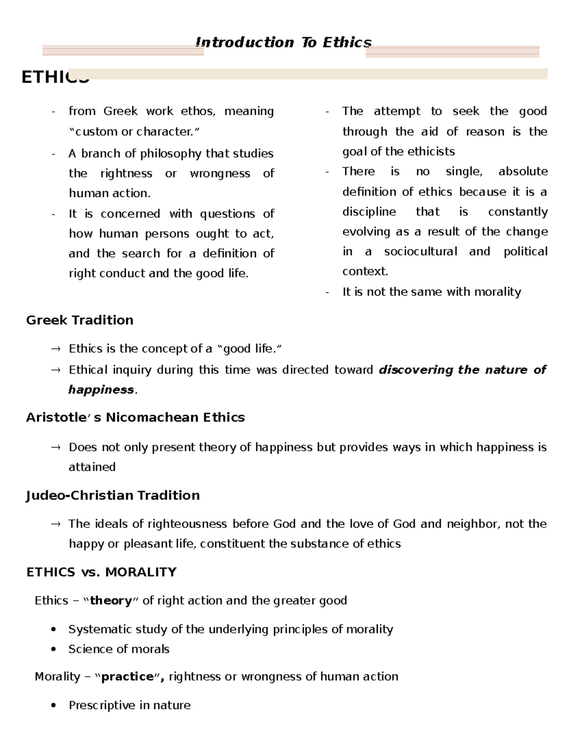 Introduction To Ethics - Introduction To Ethics ETHICS from Greek work ...