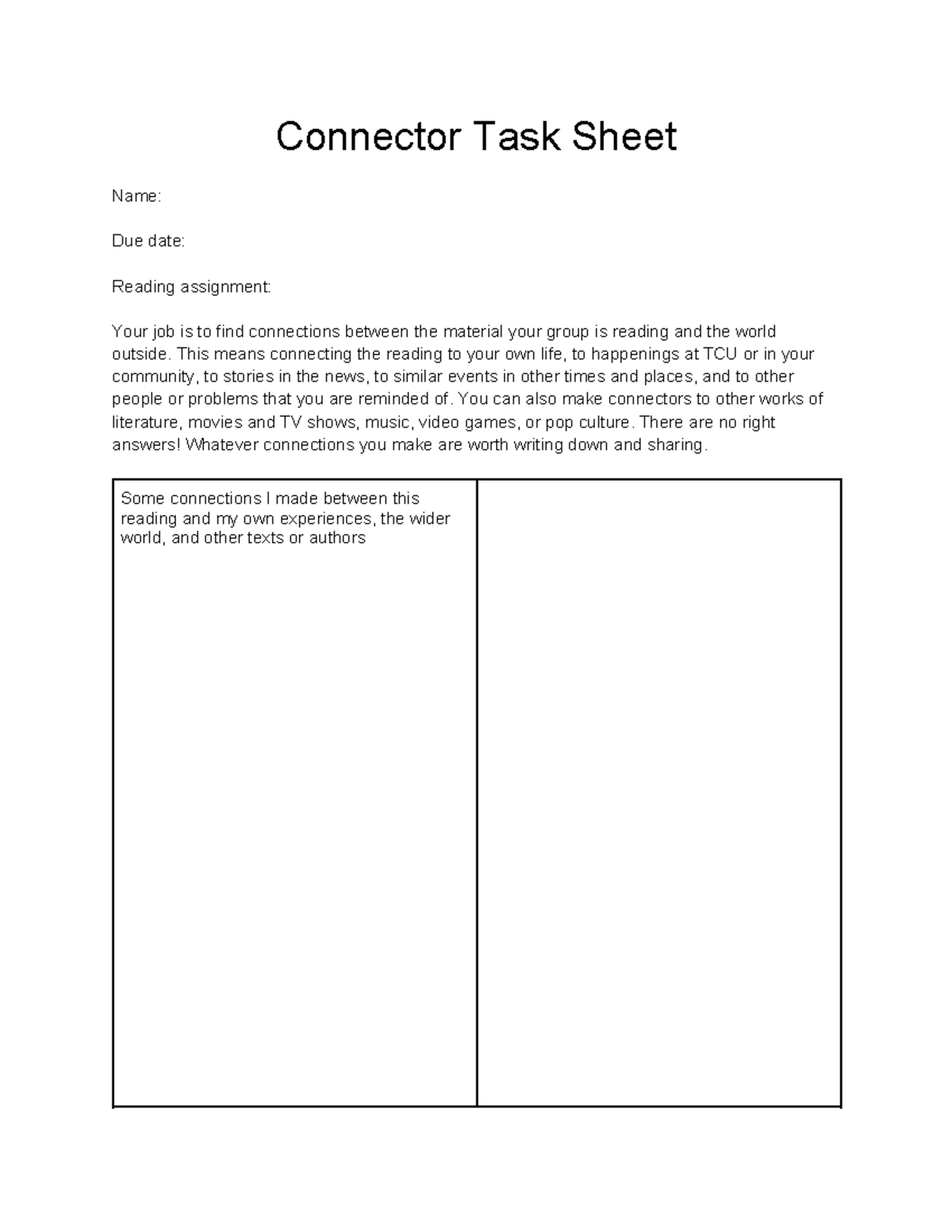Connector Task Sheet - helps a lot - Connector Task Sheet Name: Due ...