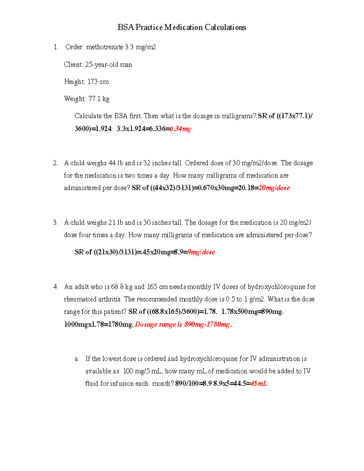 BSA Practice Medication Calculations Student Worksheet, Dasha Alexander ...