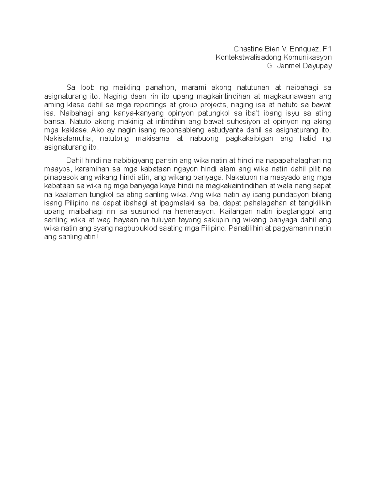 Filipino reflection - Chastine Bien V. Enriquez, F Kontekstwalisadong ...