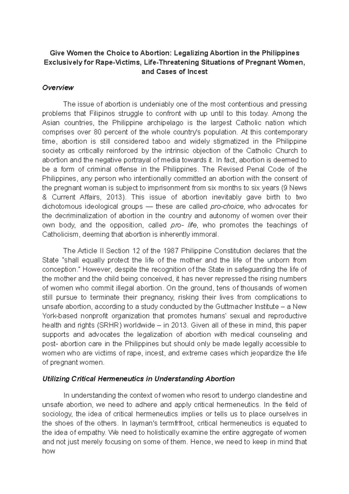 Legalizing abortion in the Philippines - Give Women the Choice to ...