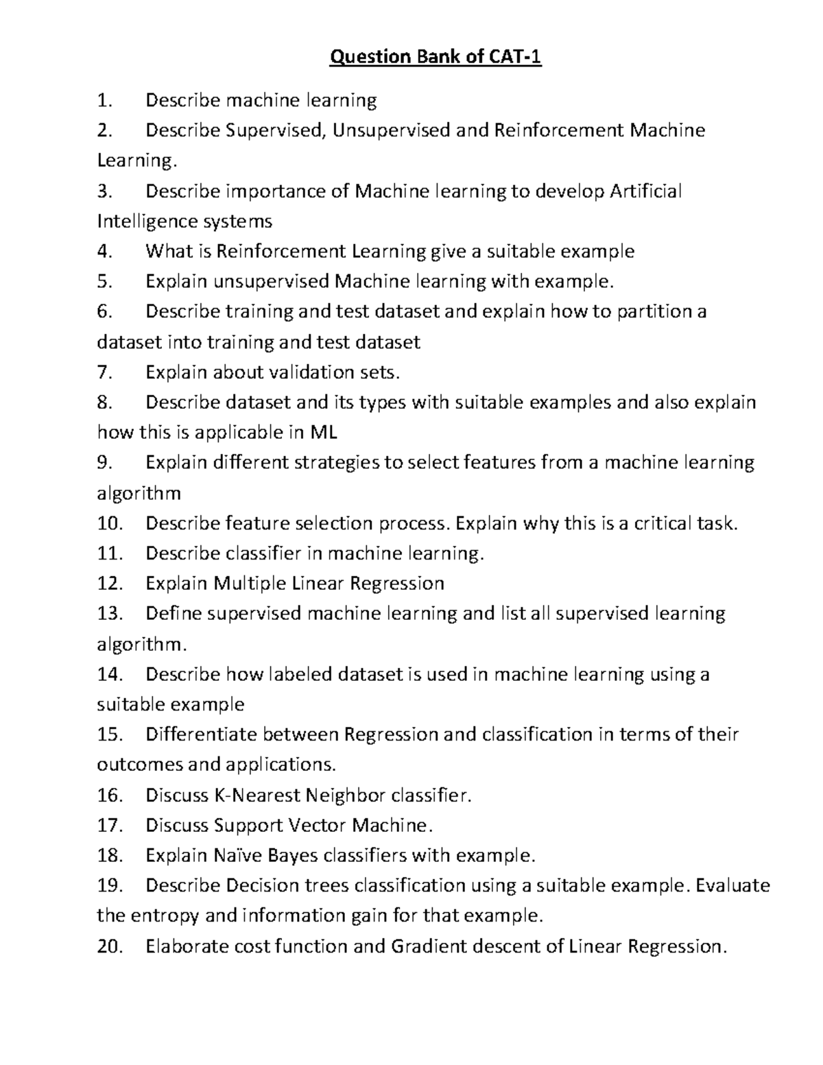 ML CAT1 QB - ML CAT1 QB Important questions - Question Bank of CAT- Describe machine learning ...