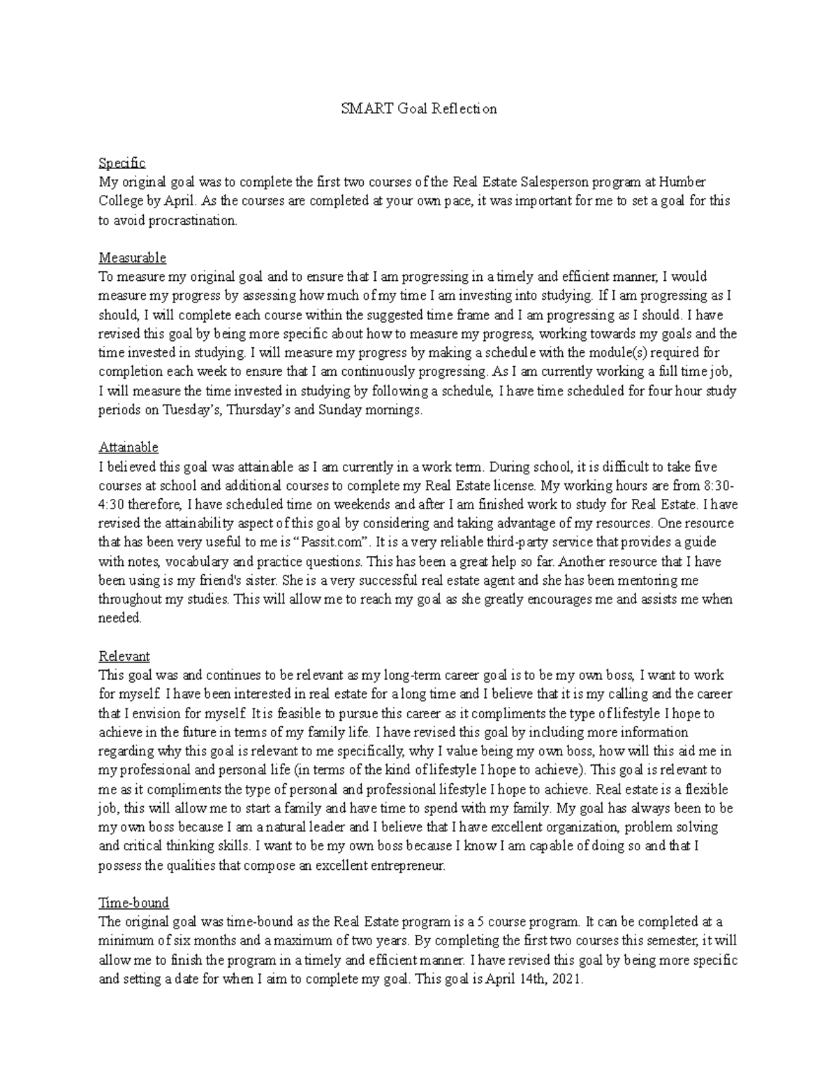 Smart Goal Reflection - SMART Goal Reflection Specific My original goal ...