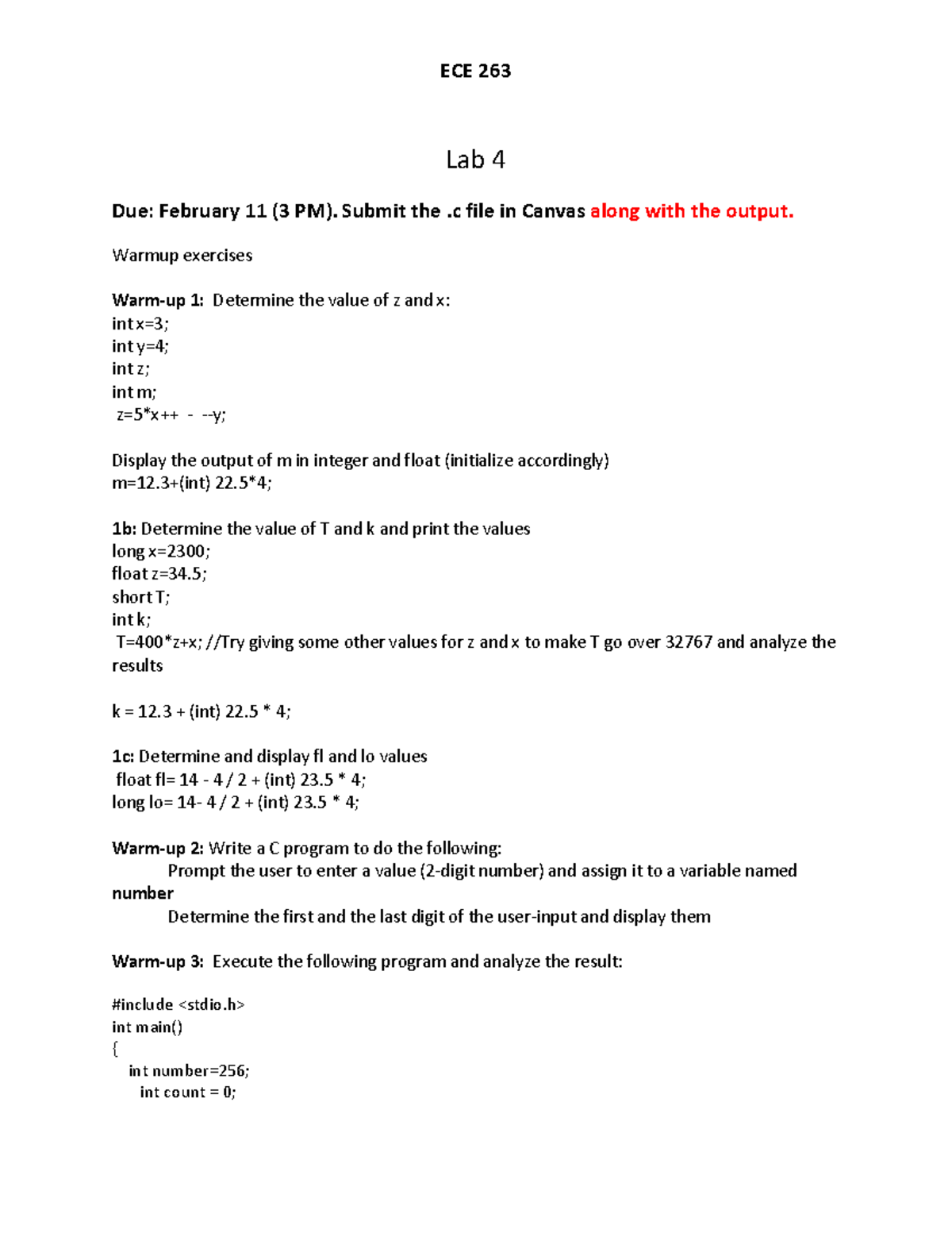 Lab4 - All in class lab - Professor Valli Sanghami Shankar Kumar - ECE 263 Lab 4 Due: February ...