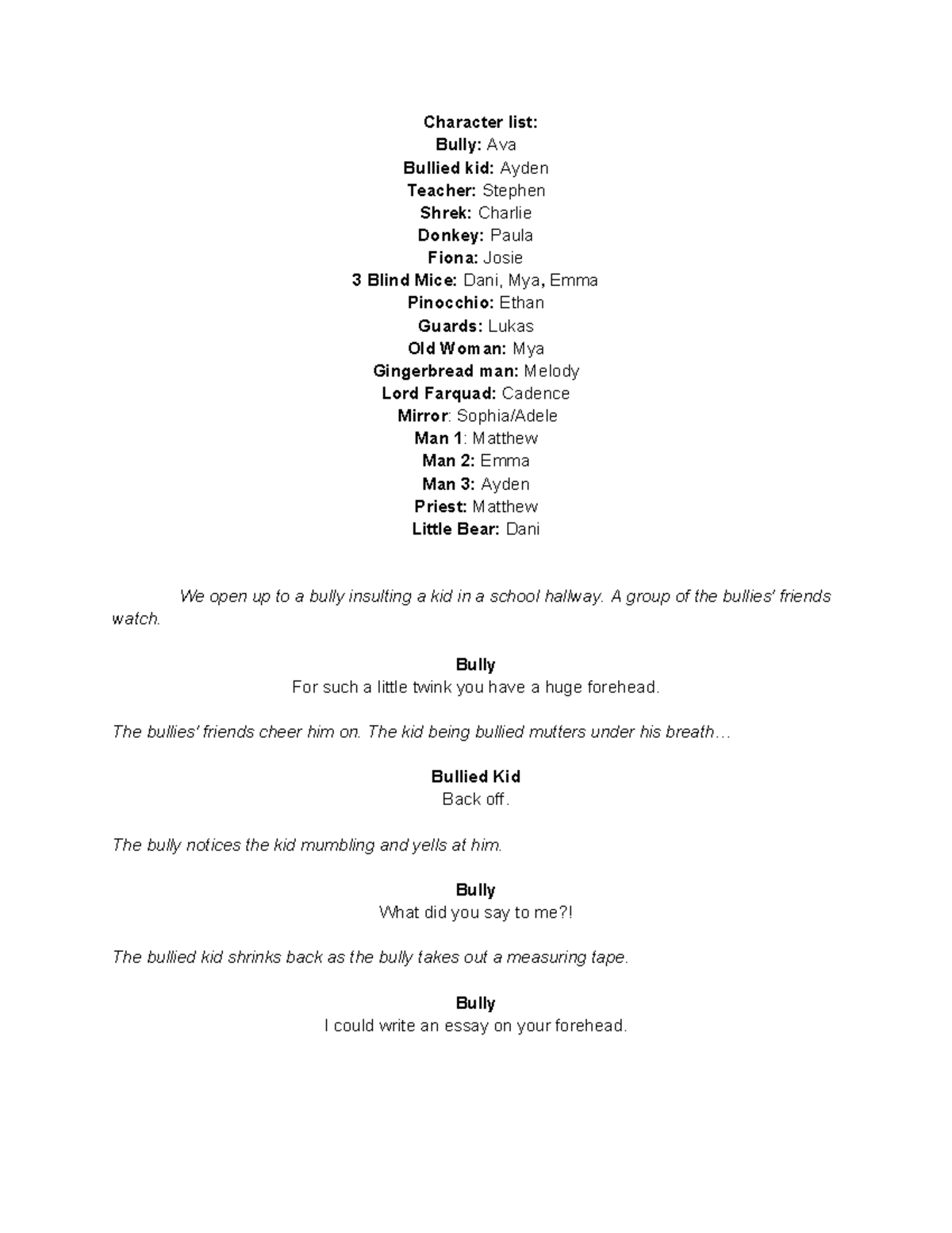 Shrek PLAY Script - dbsa d ad sa d - Character list: Bully: Ava Bullied ...